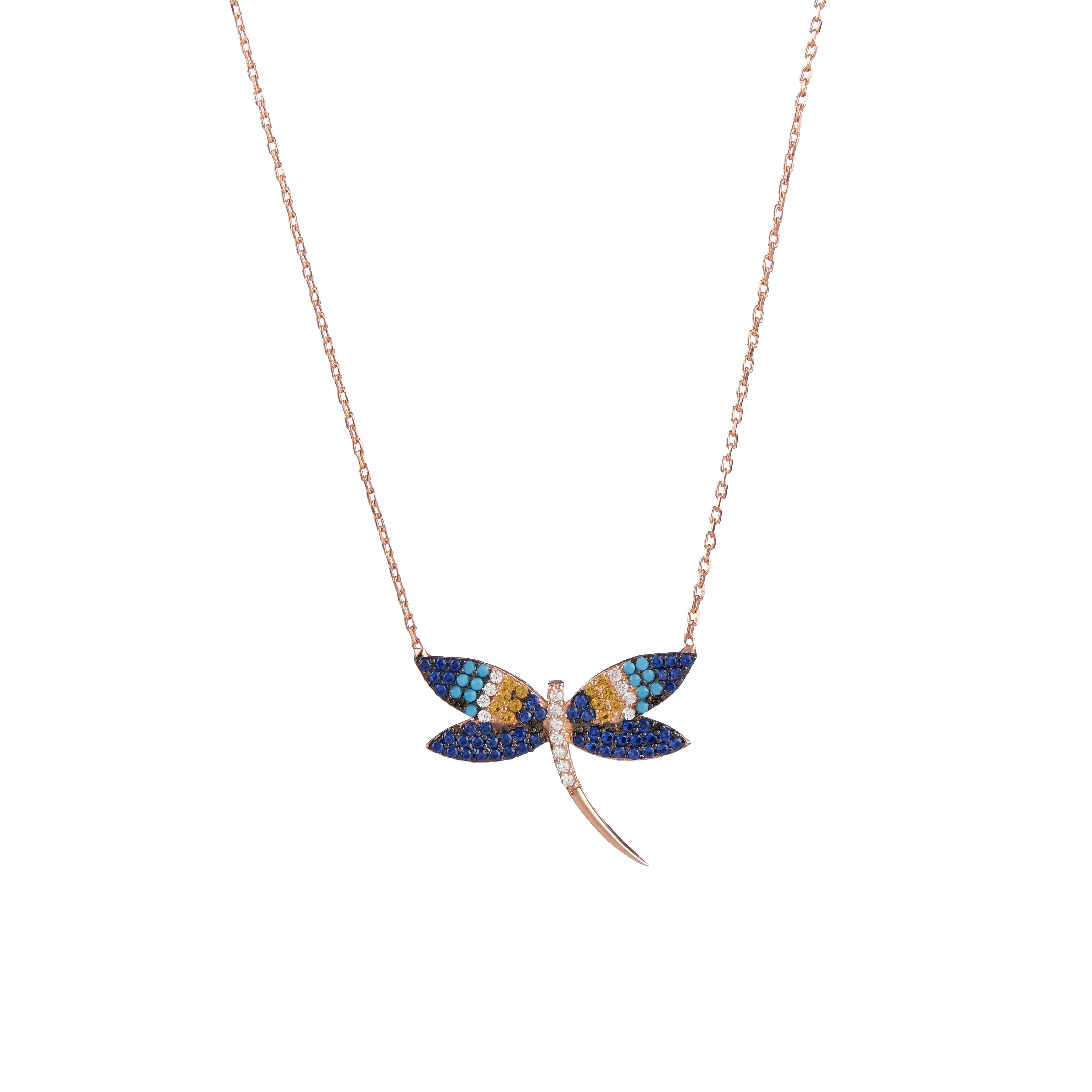 Multi-Color Stoned Dragonfly Model Rose Gold Necklace